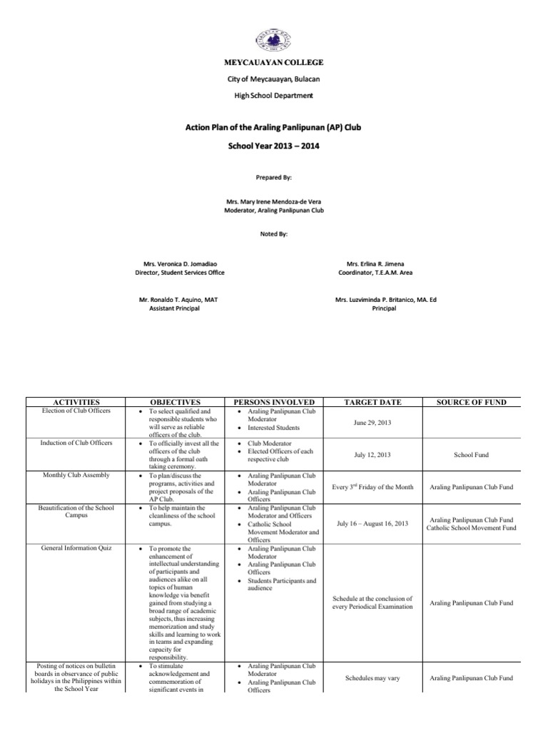 Action Plan of The Araling Panlipunan (AP) Club Action Plan of The Araling Panlipunan (AP) Club ...
