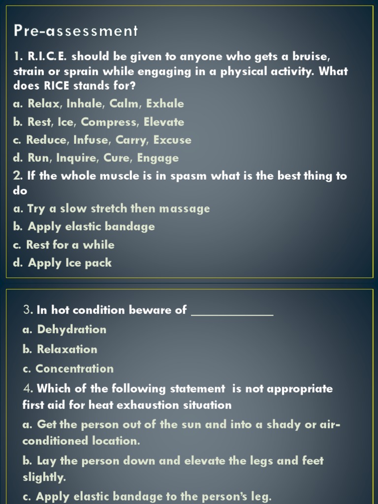 Here are the answers to the first aid test: Test1. 1. b 2. a 3. c 4. d ...