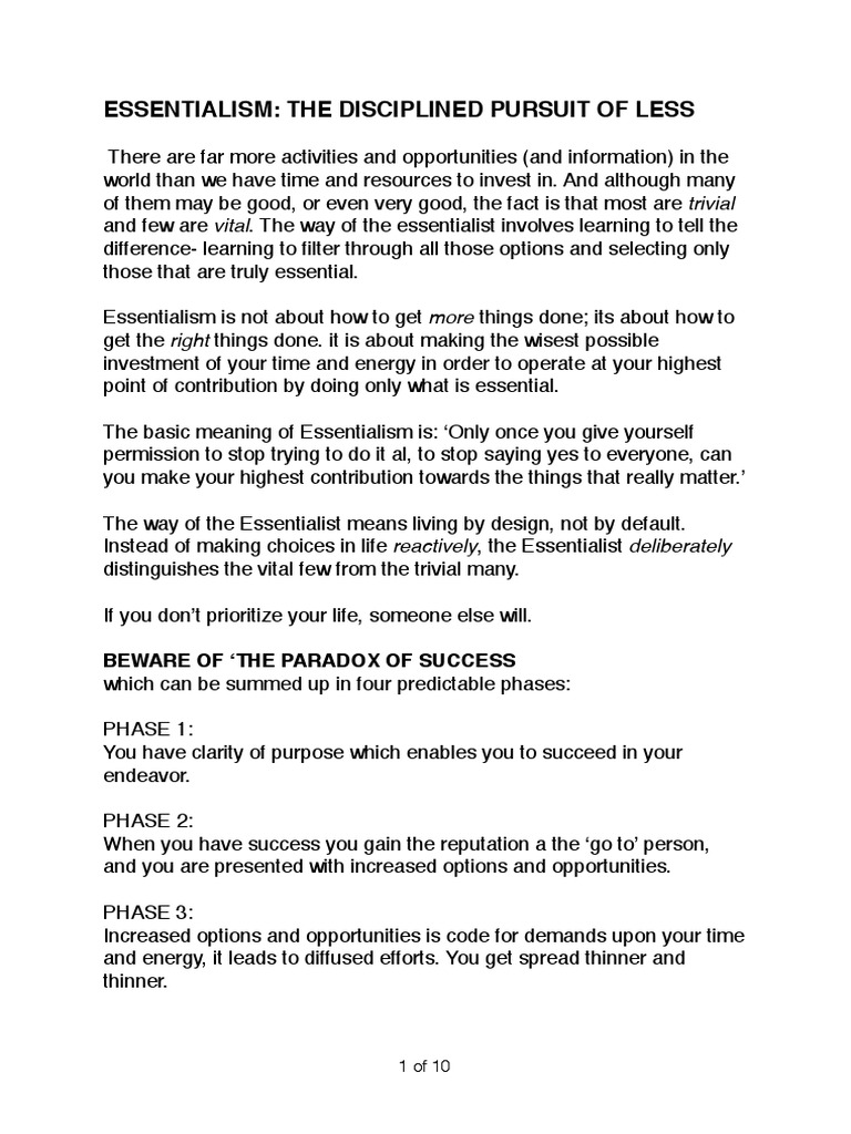 Essentialism - The Disciplined Pursuit of Less | PDF | Habits | Psychological Concepts
