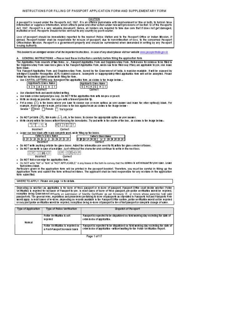Instructions For Filling of Passport Application Form and Supplementary ...