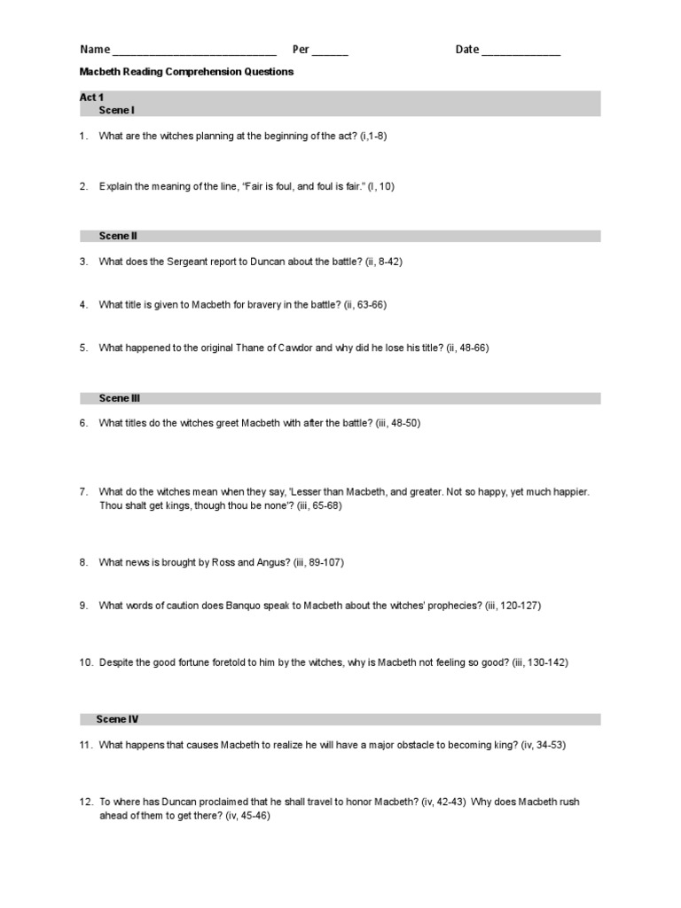 MacBeth Reading Comprehension Questions | PDF | Macbeth | Shakespearean ...