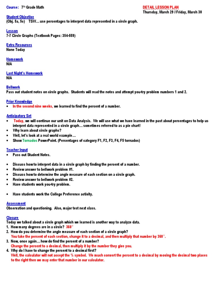 7th Grade Math: Circle Graphs Lesson | PDF | Tornadoes | Learning