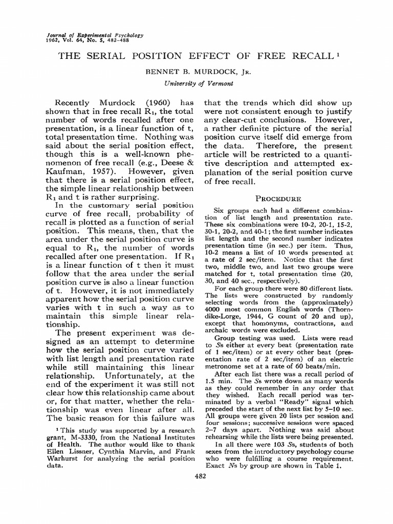 Murdock PDF | PDF | Memory Processes | Mental Processes
