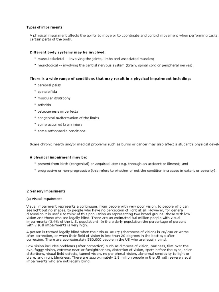Types of Impairments | PDF | Visual Impairment | Hearing Loss