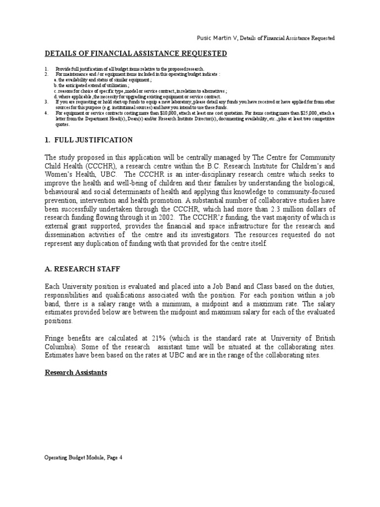 Pusic Martin V, Details of Financial Assistance Requested | PDF ...