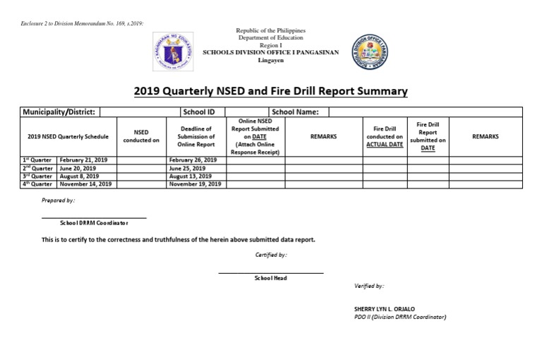 2019 Quarterly NSED and Fire Drill Report Summary | PDF | Business