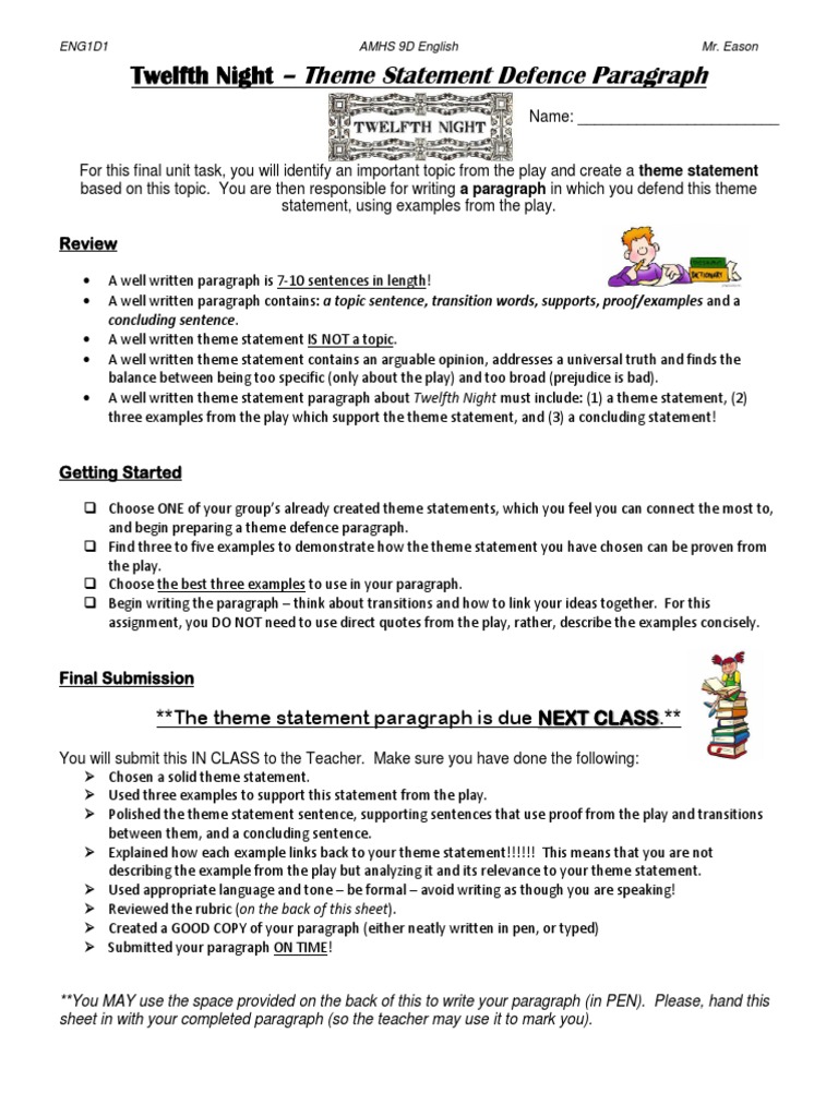 Twelfth Night: - Theme Statement Defence Paragraph | PDF | Paragraph ...