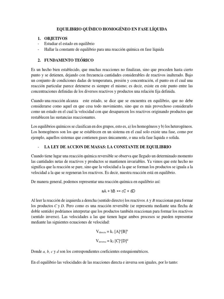 Equilibrio Químico Homogéneo en Fase Líquida | PDF | Equilibrio químico ...