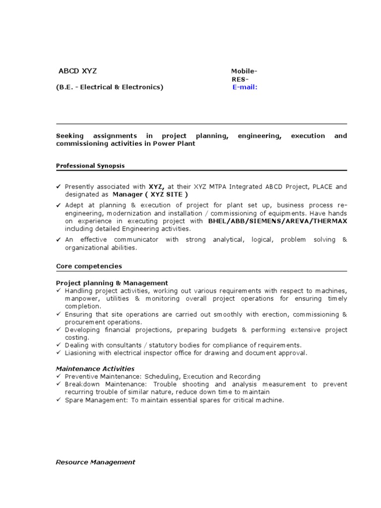 Sample Power Plant Engineer CV | PDF | Electric Generator | Siemens
