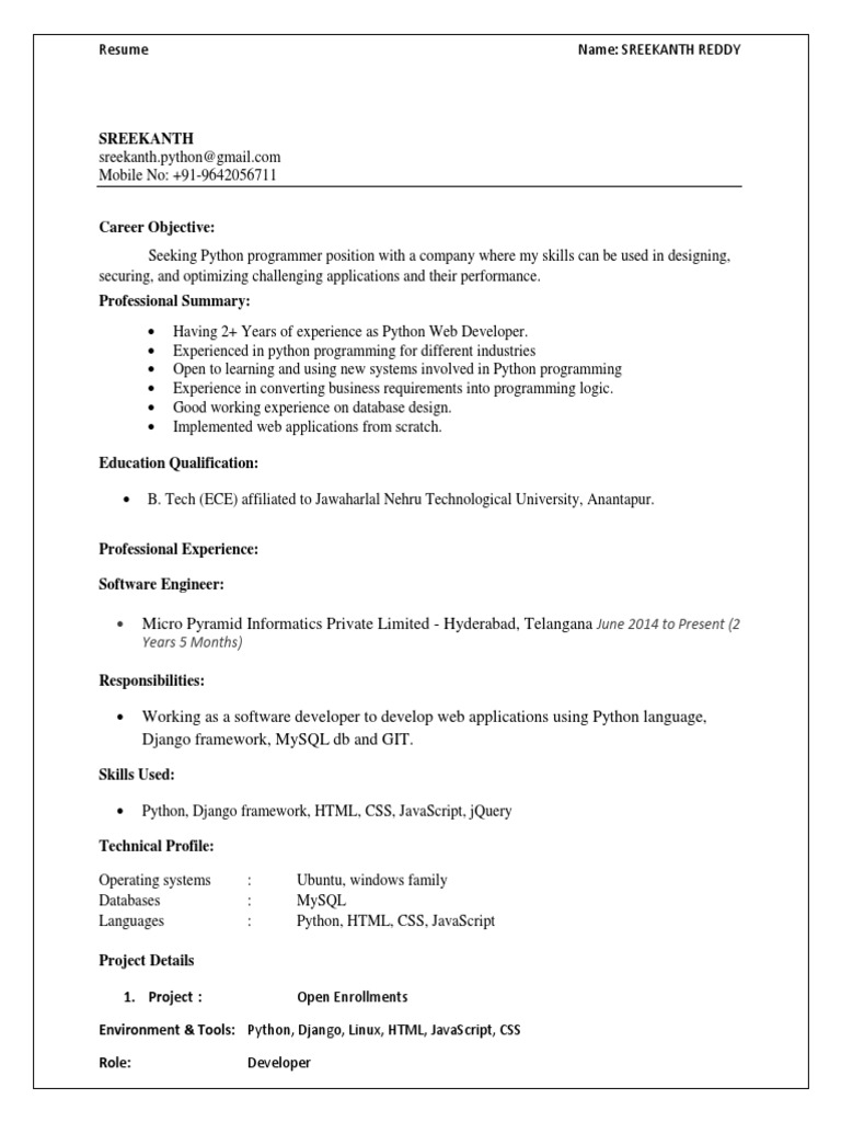 A Python Programmer Seeking New Opportunities: Sreekanth Reddy's Resume | PDF | Java Script ...