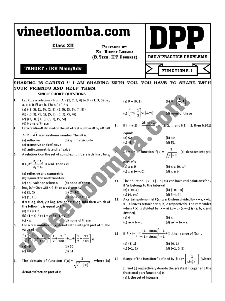 JEE Main/Adv Daily Practice Problems Functions-1 | PDF | Function (Mathematics) | Factorization