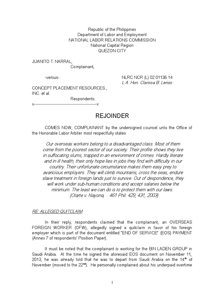 Narral - REJOINDER | PDF | Employment | Labour Law