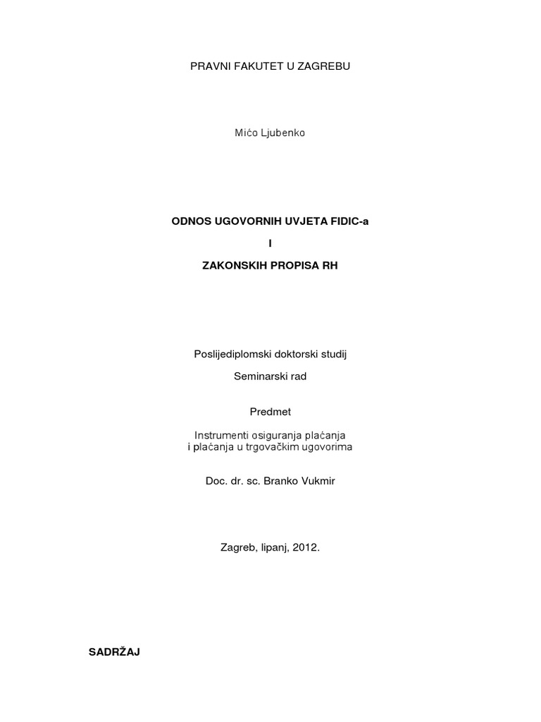 Odnos Ugovornih Uvjeta Fidic-A I Zakonskih Propisa RH | PDF