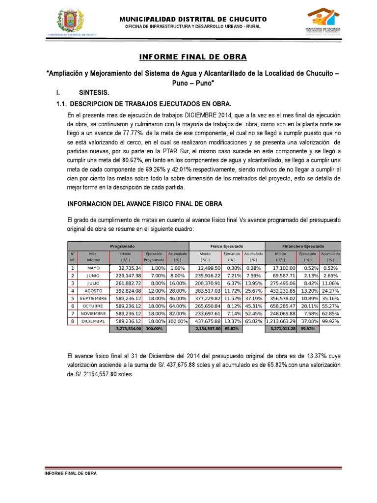 Informe Final de Obra | PDF | Hormigón | Presupuesto