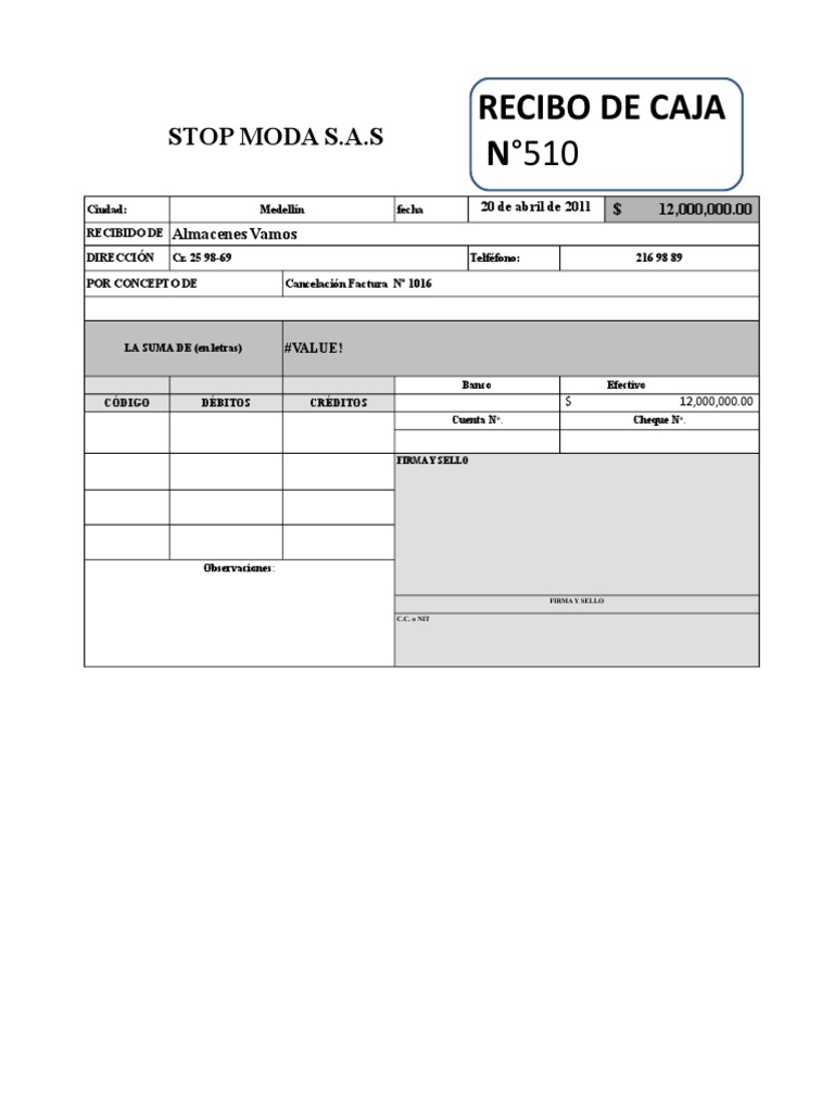 Recibo De Caja N°510: Stop Moda S.A.S | Bancario | Servicios financieros