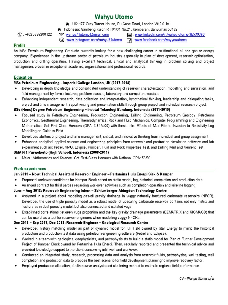 CV - Wahyu Utomo (New) | PDF | Petroleum Reservoir | Oil Well
