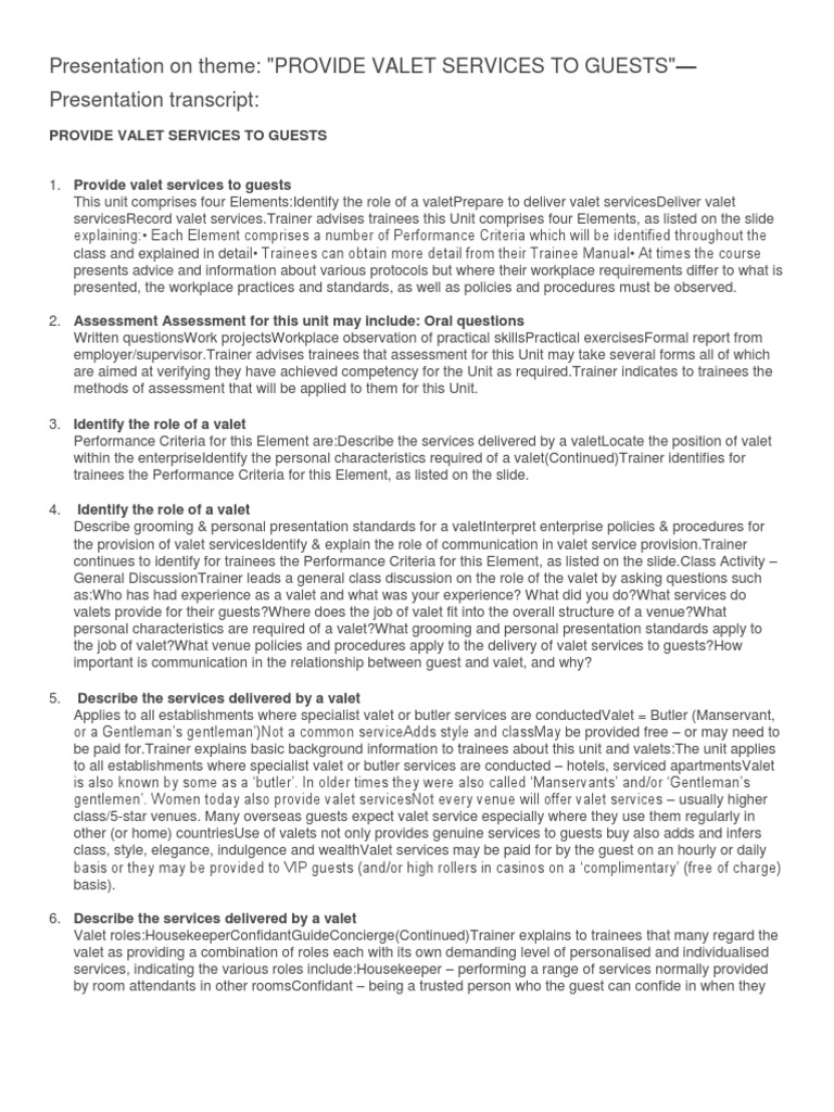Valet Service Training Guide | PDF | Etiquette | Conversation