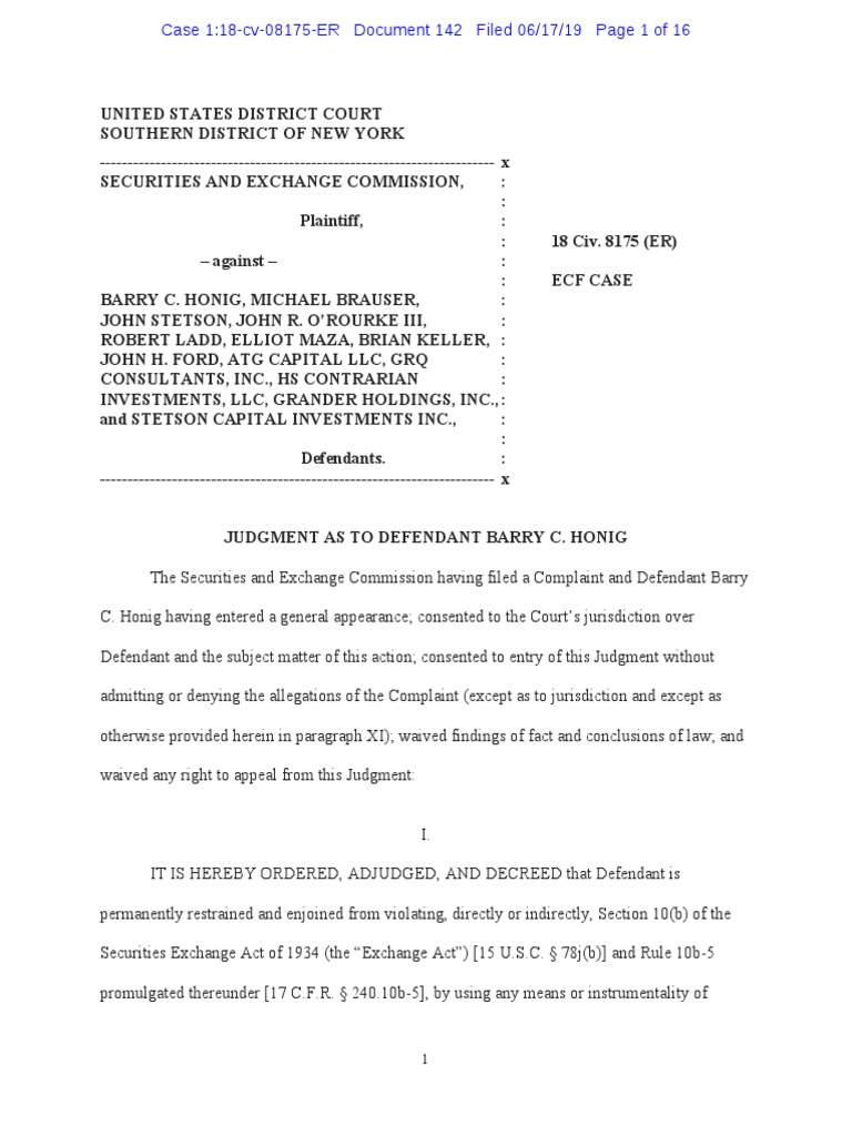 Barry Honig SEC Settlement 6.17.19 | PDF | Computer File Formats ...