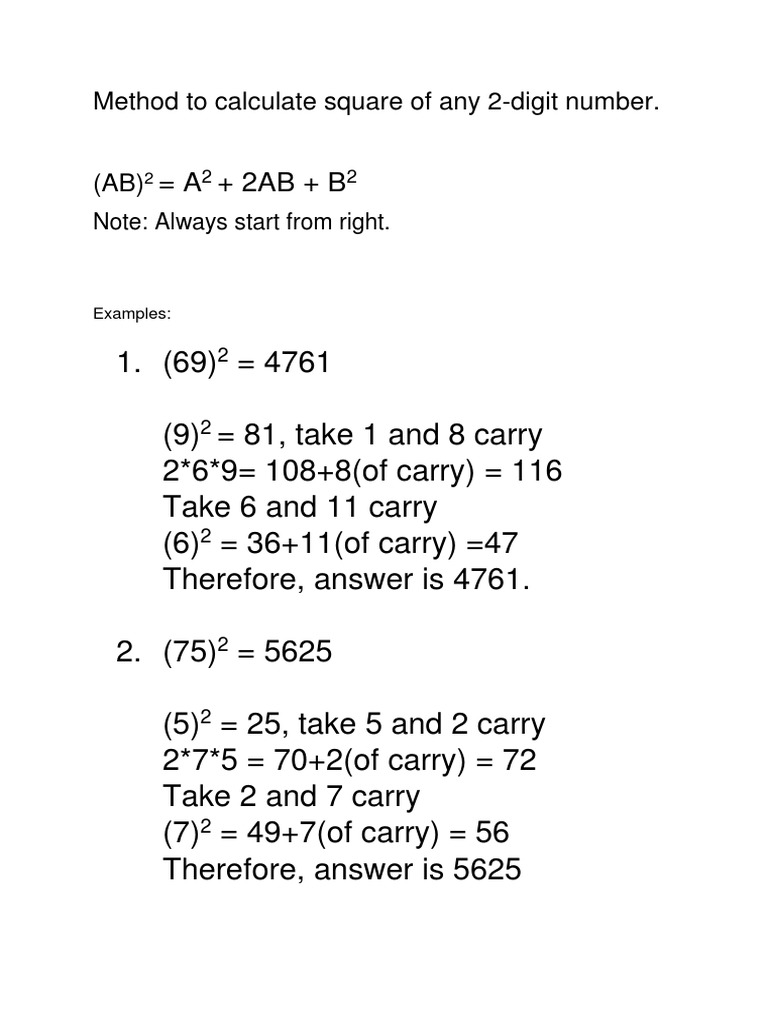 A + 2AB + B: Method To Calculate Square of Any 2-Digit Number | PDF