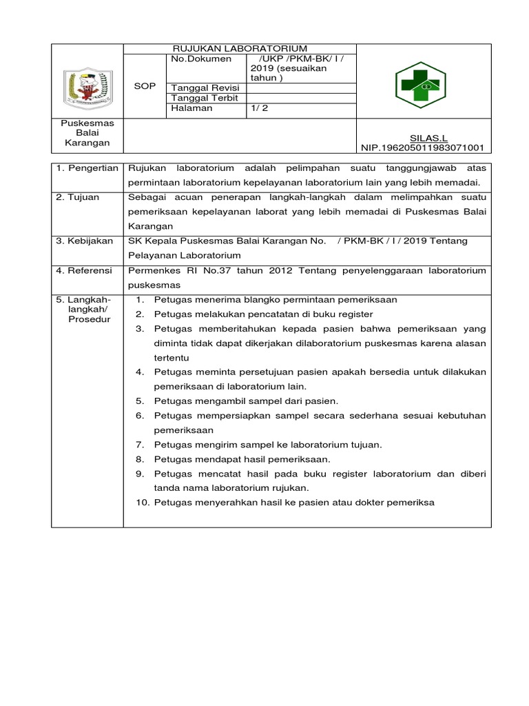 Sop Rujukan Laboratorium | PDF