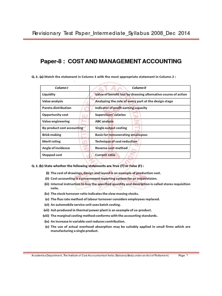 Paper-8: Cost and Management Accounting: Revisionary Test Paper ...
