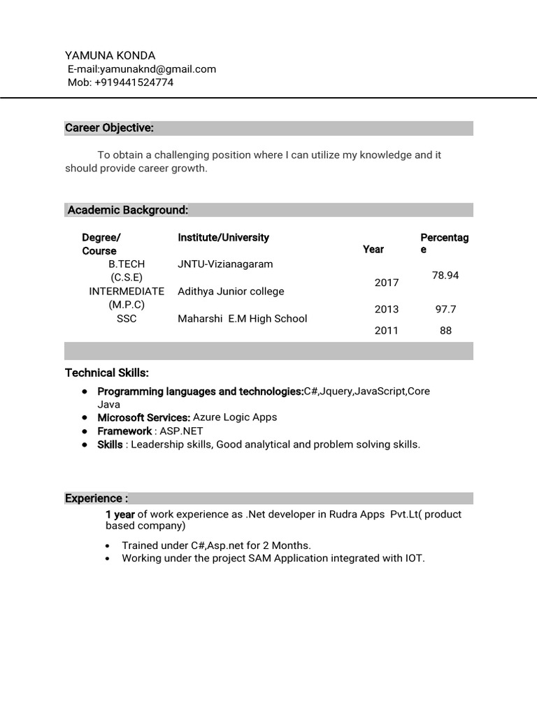 Yamuna 1 Year Experience Resume | PDF