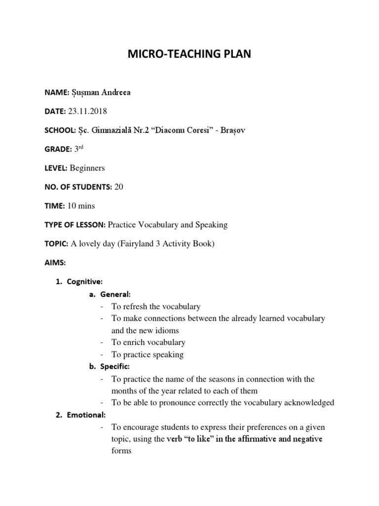 Micro-teaching Plan Copy | Vocabulary | Psychology & Cognitive Science