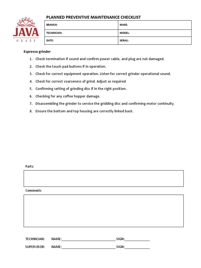 Espresso Grinder PPM Checklist | PDF