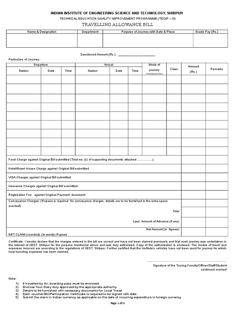 Travelling Allowance Bill Format | PDF | Rupee | Cheque