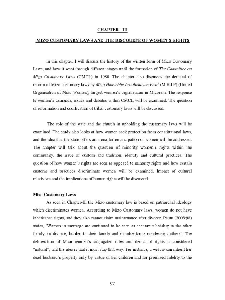 Chapter - Iii Mizo Customary Laws and The Discourse of Women'S Rights ...