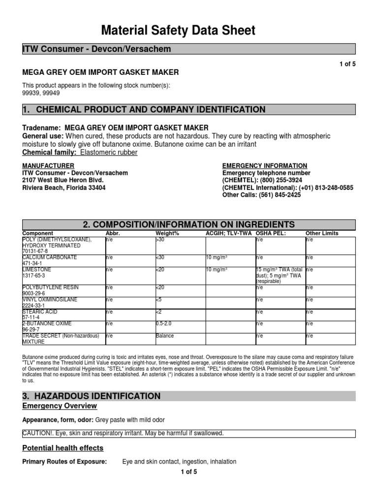 Material Safety Data Sheet: ITW Consumer - Devcon/Versachem | PDF ...