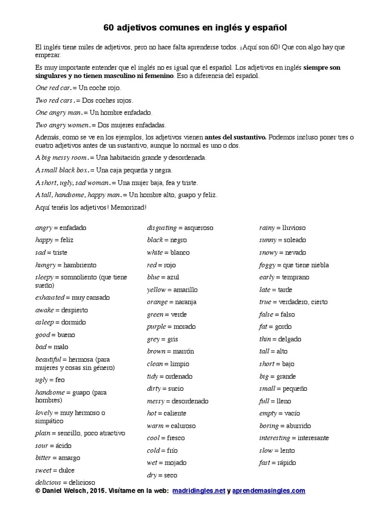 60 Adjetivos Comunes En Inglés Y Español Pdf Pdf Vocabulario