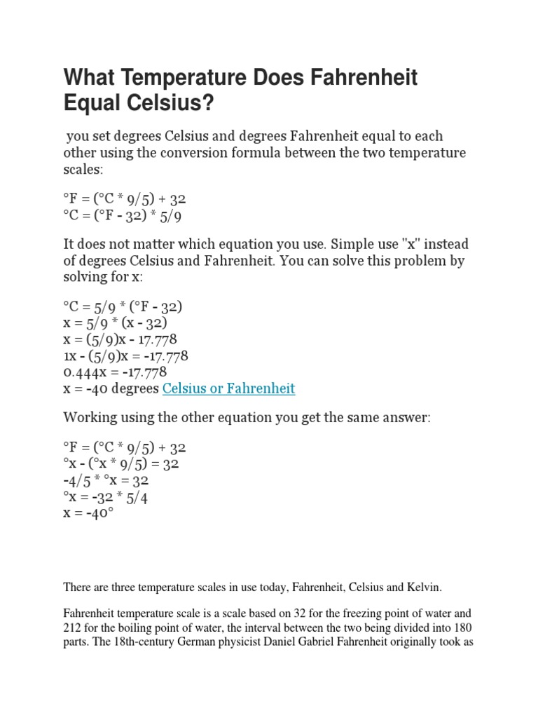 What Temperature Does Fahrenheit Equal Celsius | PDF | Fahrenheit | Celsius