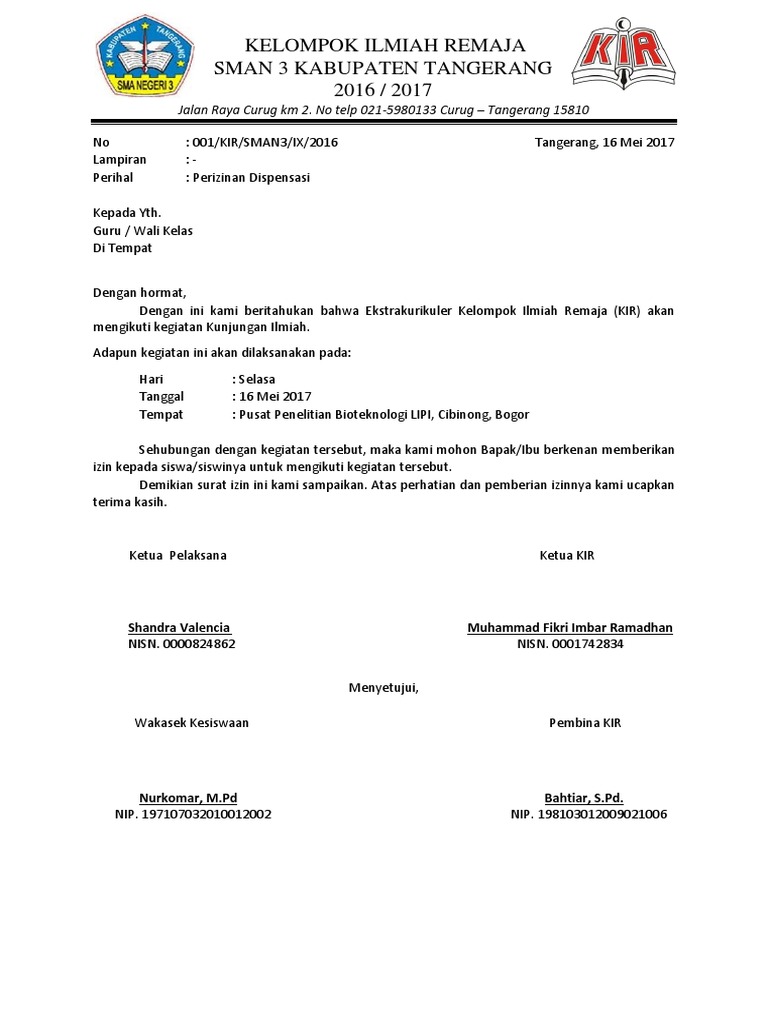 Contoh Surat Izin Resmi Sekolah | PDF