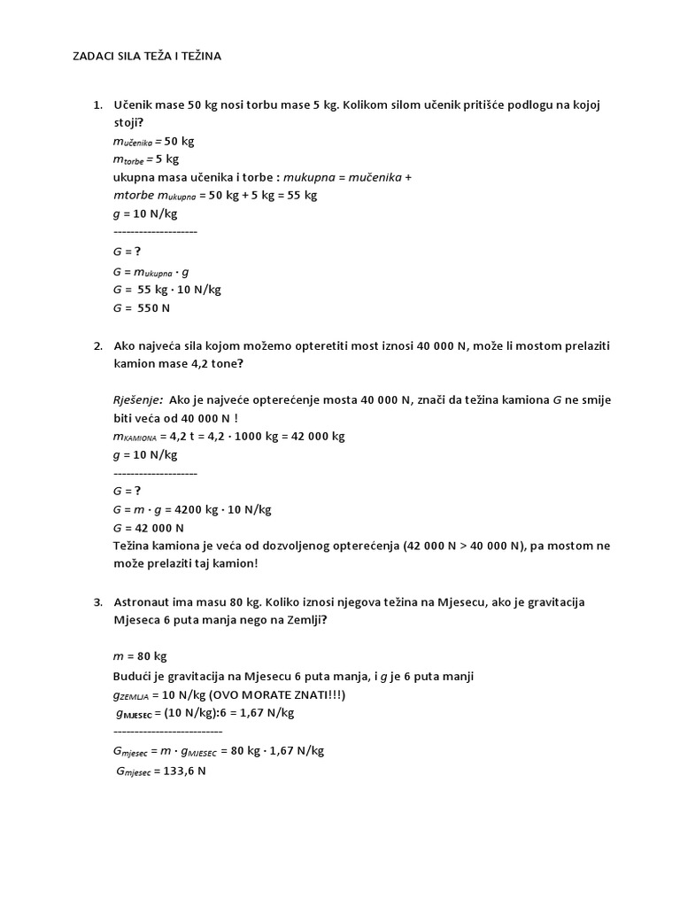 Zadatci Za Vježbu - Elastična Sila Težina Sila Trenja | PDF