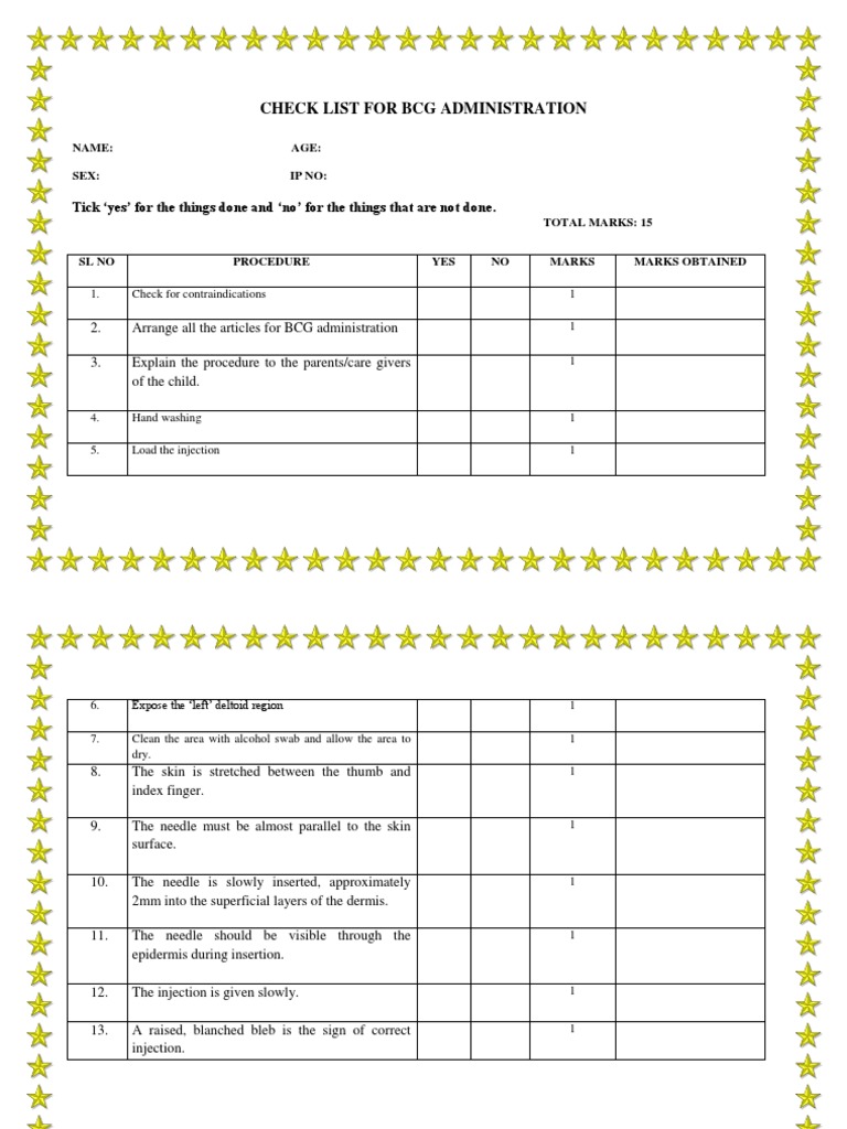 Check List For BCG Administration: Tick Yes' For The Things Done and No ...