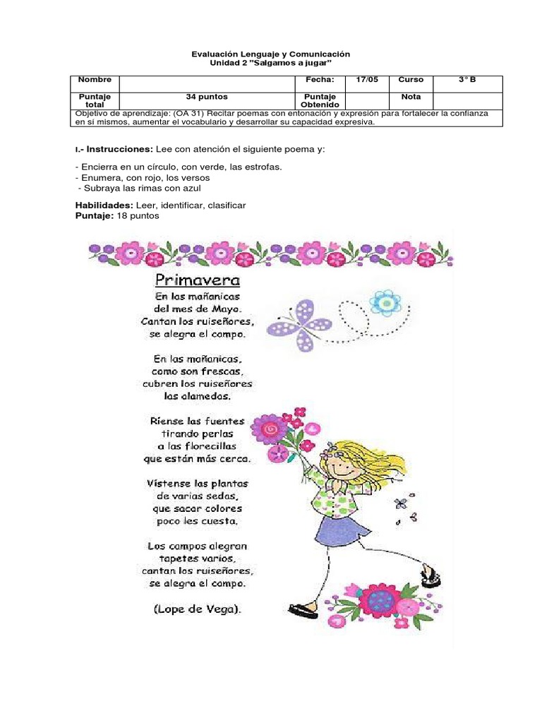 Evaluación de Poemas para 3° Básico | PDF