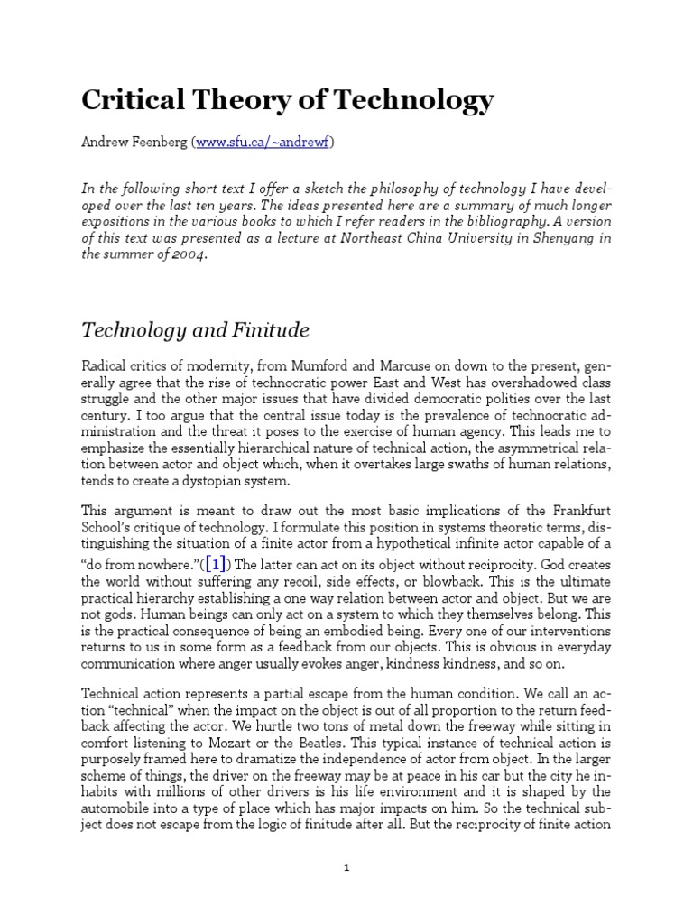 Feenberg's Critical Theory of Technology | PDF | Capitalism ...