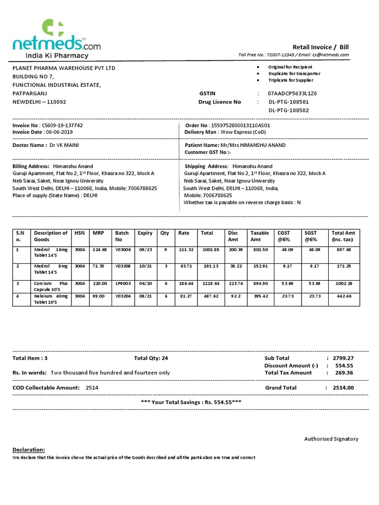 Net Meds Bill | PDF | Invoice | Payments