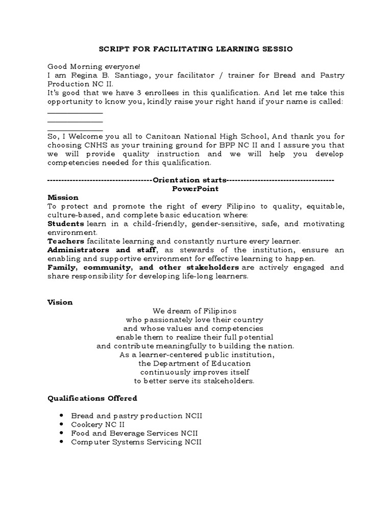 Script For Facilitating Learning Session | PDF | Competence (Human Resources) | Educational ...