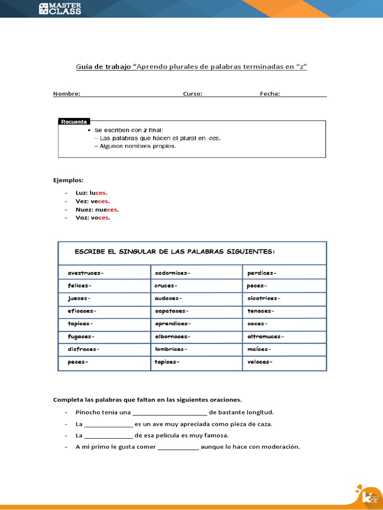 1517859649DUA - Guía Aprendo Plurales de Palabras Terminadas en Z | PDF ...