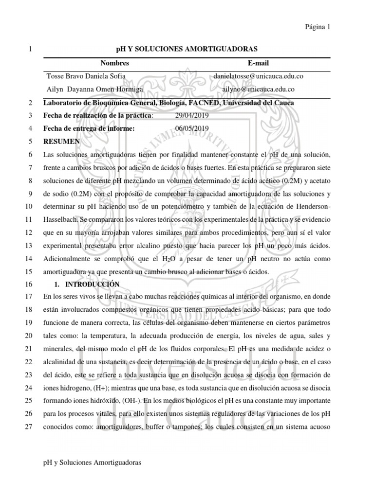Informe 1 PH y Soluciones Amortiguadoras | PDF | Solución tampón | Ph