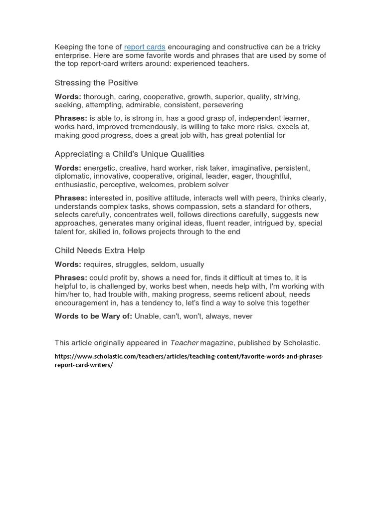 Effective Report Card Language Tips | PDF