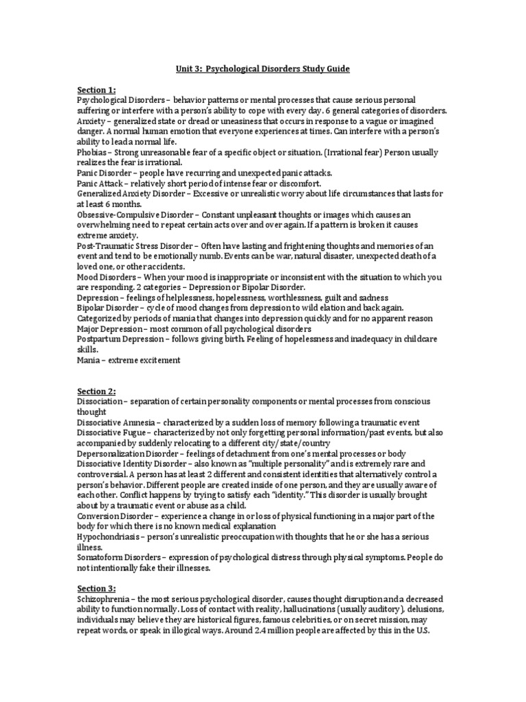Unit 3: Psychological Disorders Study Guide Section 1 | PDF | Mental ...