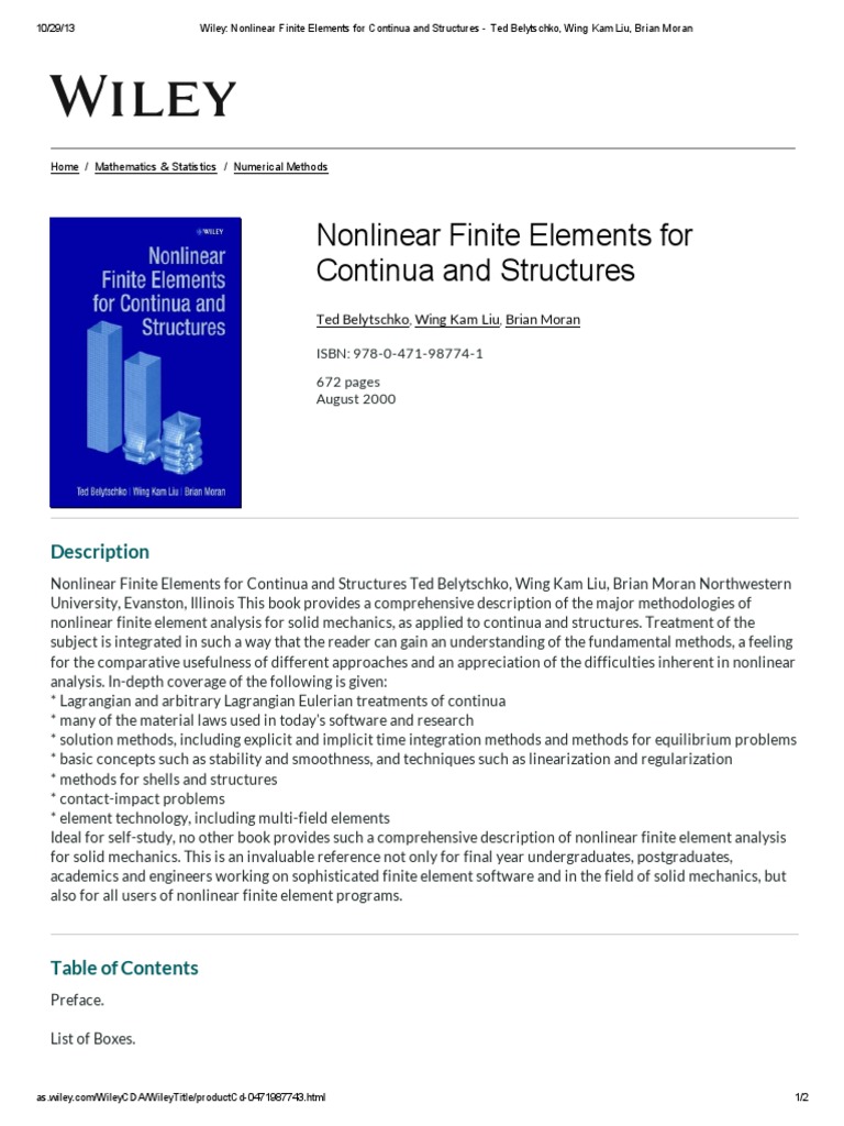 Wiley Nonlinear Finite Elements For Continua and Structures Ted Belytschko Wing Kam Liu Brian ...