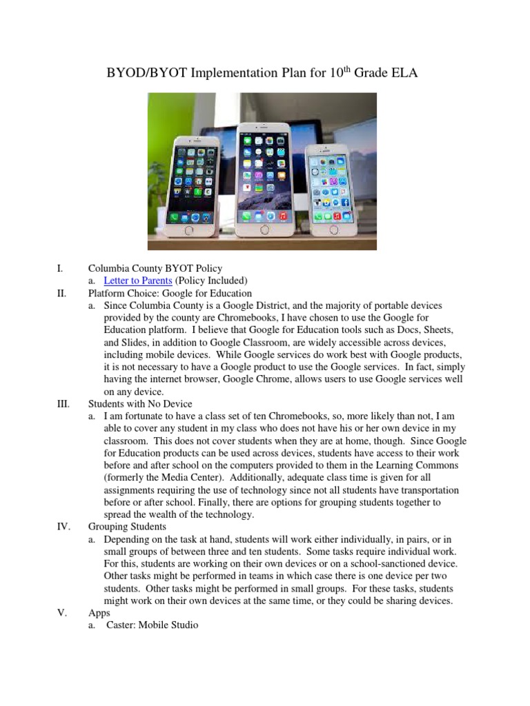 BYOT Implementation Plan For 10th Grade ELA - Bellmer | PDF | Chromebook | Computing