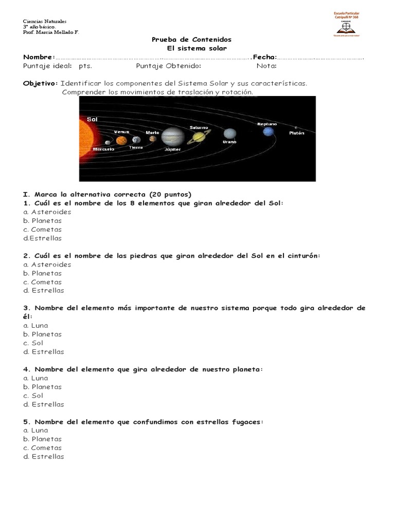 Prueba del Sistema Solar 3° Básico | PDF | Sistema solar | Planetas