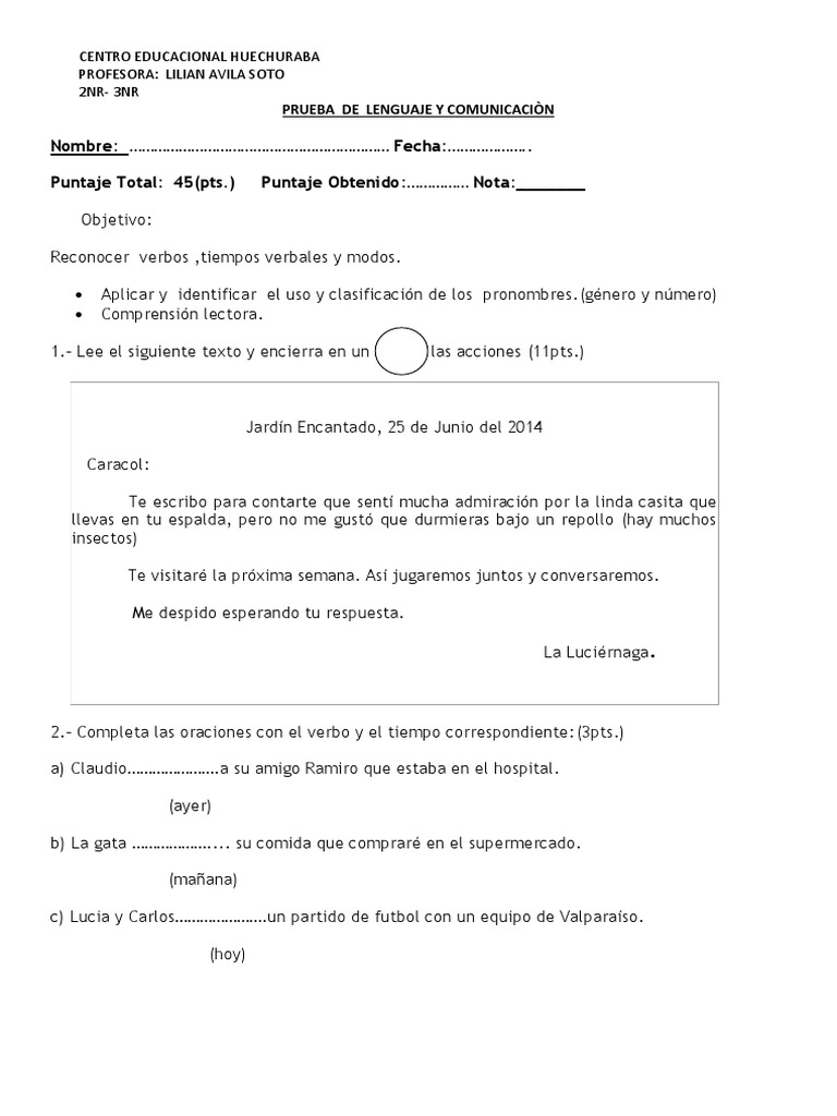 Prueba de Verbos y Pronombres | PDF | Oración