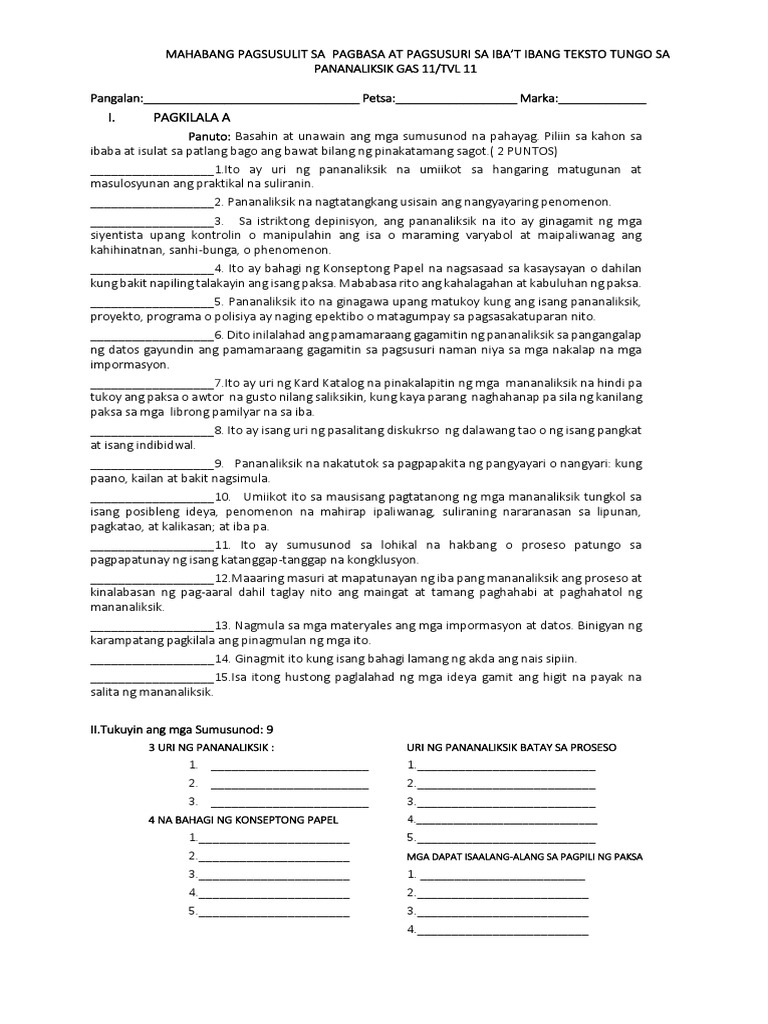 Mahabang Pagsusulit Pagbasa | PDF