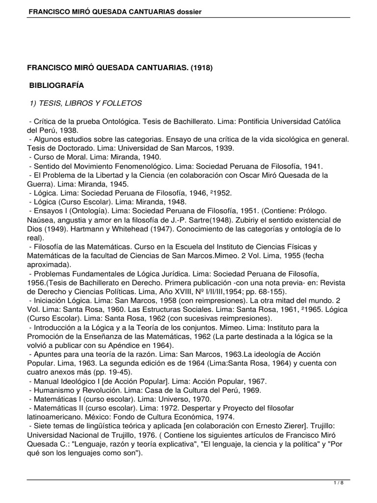 Francisco Miró Quesada Cantuarias. (1918) Bibliografía: 1) Tesis ...